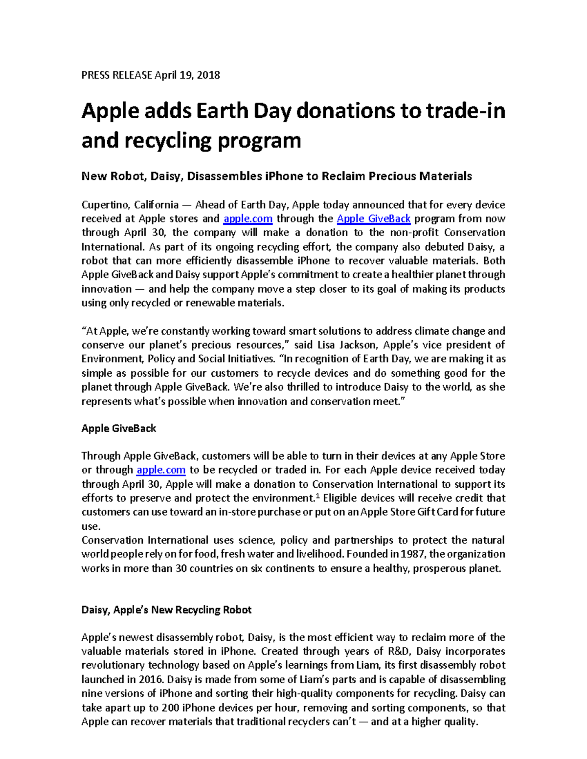 Apple Press Release example - PRESS RELEASE April 19, 2018 Apple adds ...