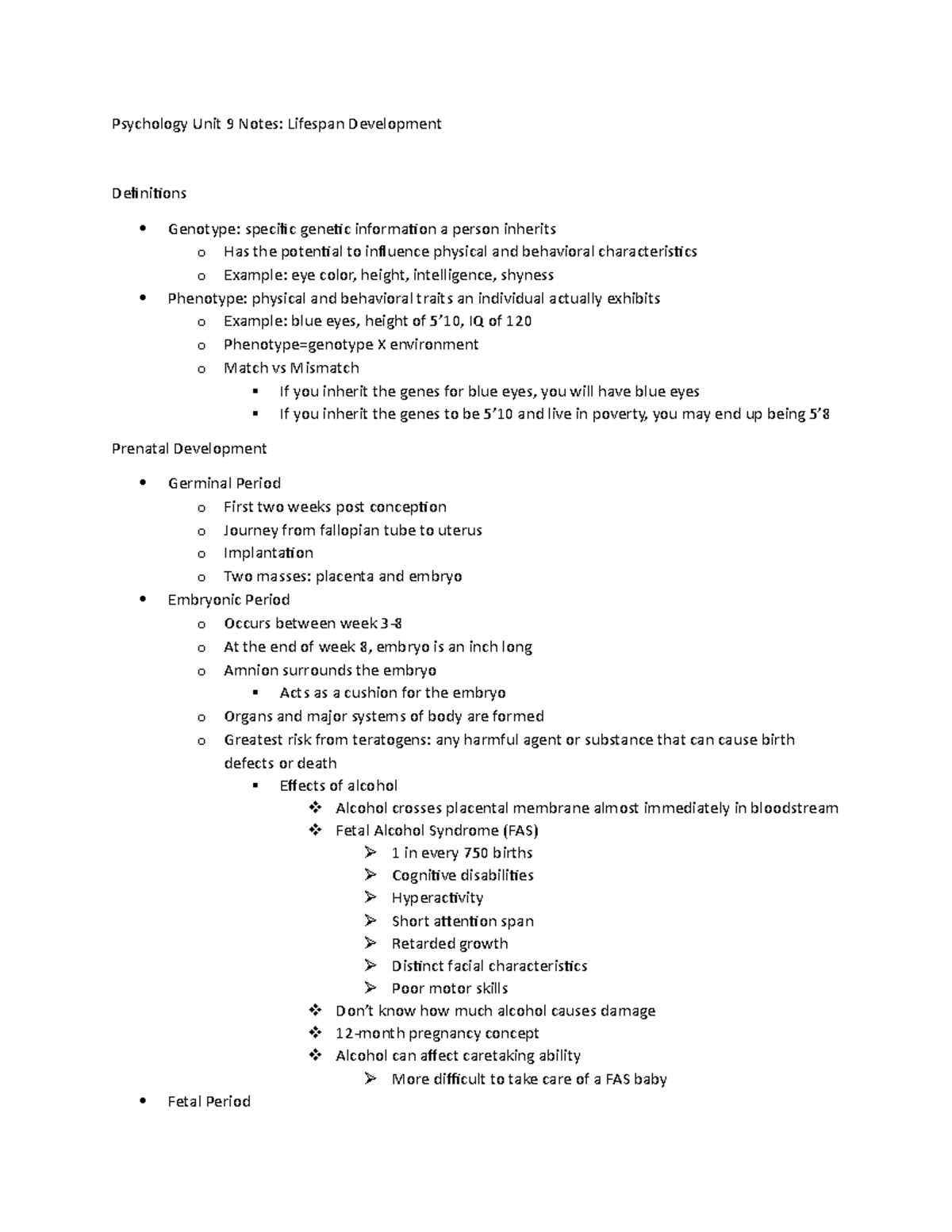 Psychology Chapter 9 Notes - Psychology Unit 9 Notes: Lifespan ...