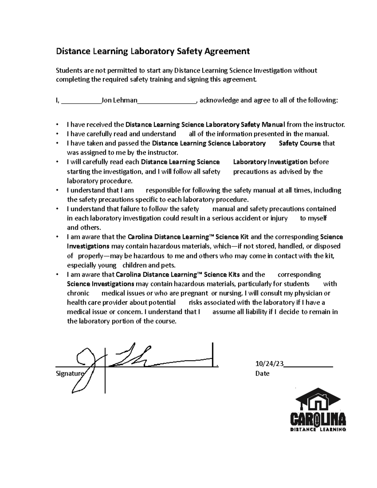 CHM 101L Distance Learning Lab Safety Agreement - Distance Learning ...