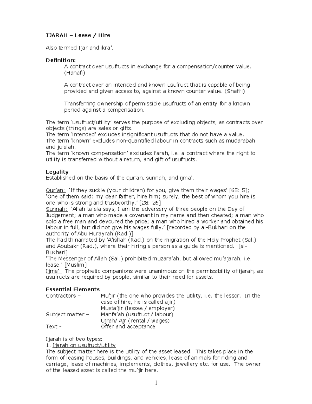 Ijarah - short notes Ijarah - short notes - IJARAH – Lease / Hire Also ...