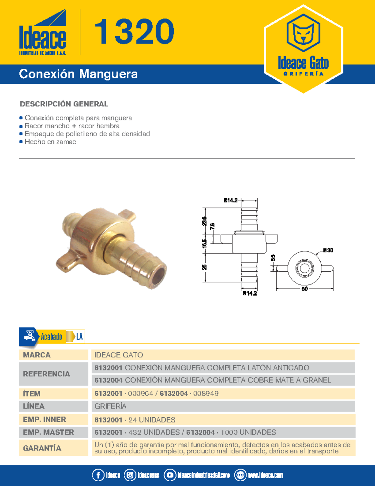 ficha tecnica racor en bronce ideace - IDEACE GATO 6132001 CONEXIÓN ...