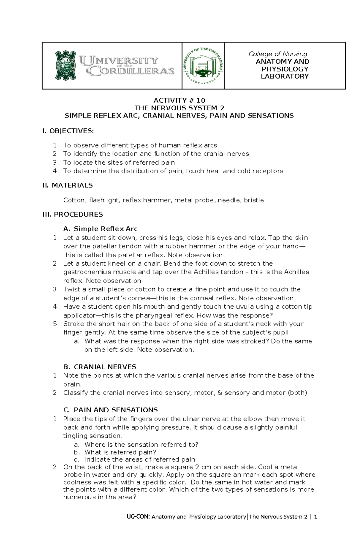 10 THE Nervous System 2 - College of Nursing ANATOMY AND PHYSIOLOGY ...