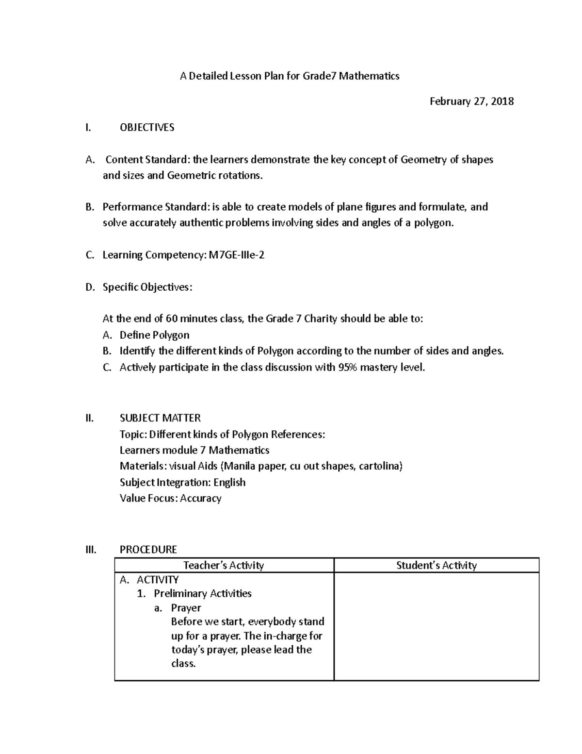 A Detailed Lesson Plan For Grade 7 Mathematics Robert A Detailed 