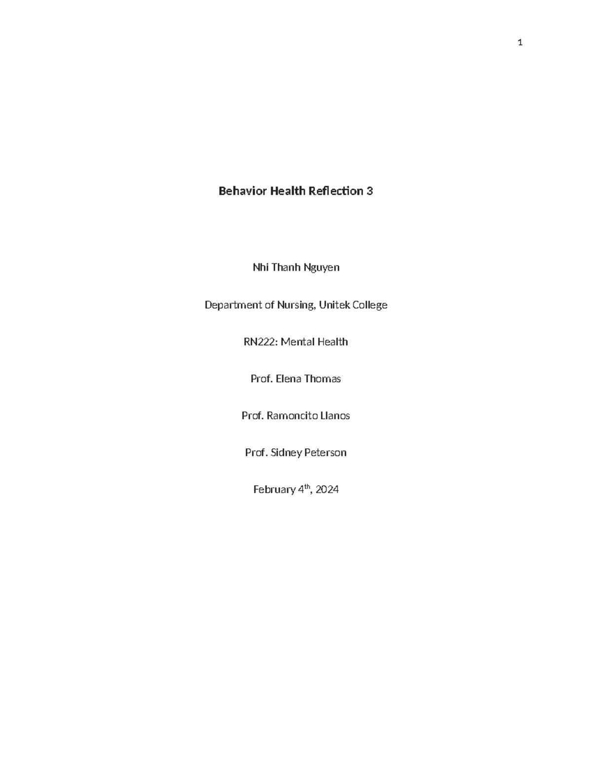 Behavior Health Reflection 3 - Elena Thomas Prof. Ramoncito Llanos Prof ...