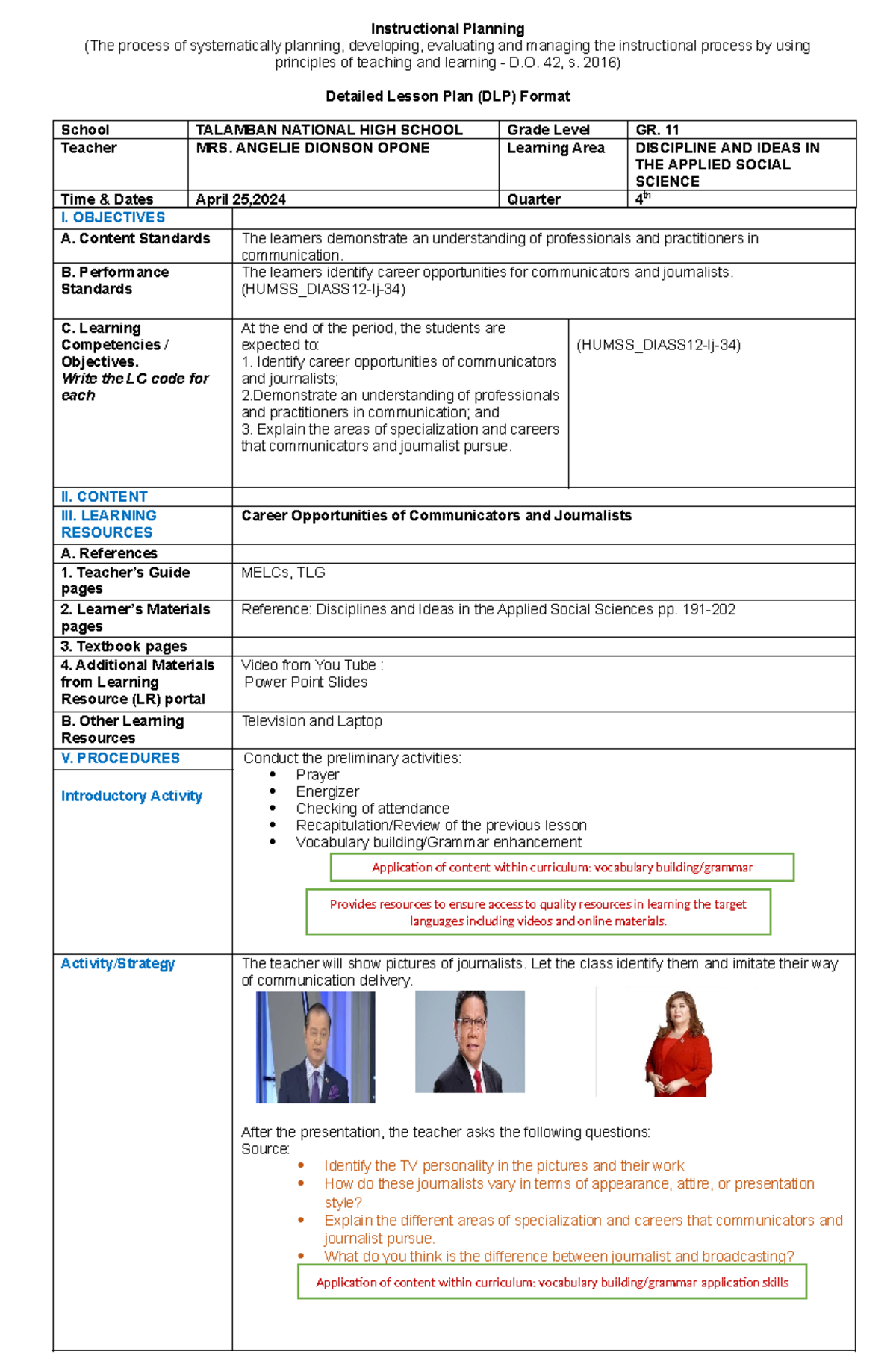 DLP COT file 2 cot IV - CLASS OBSERVATION - Instructional Planning (The ...