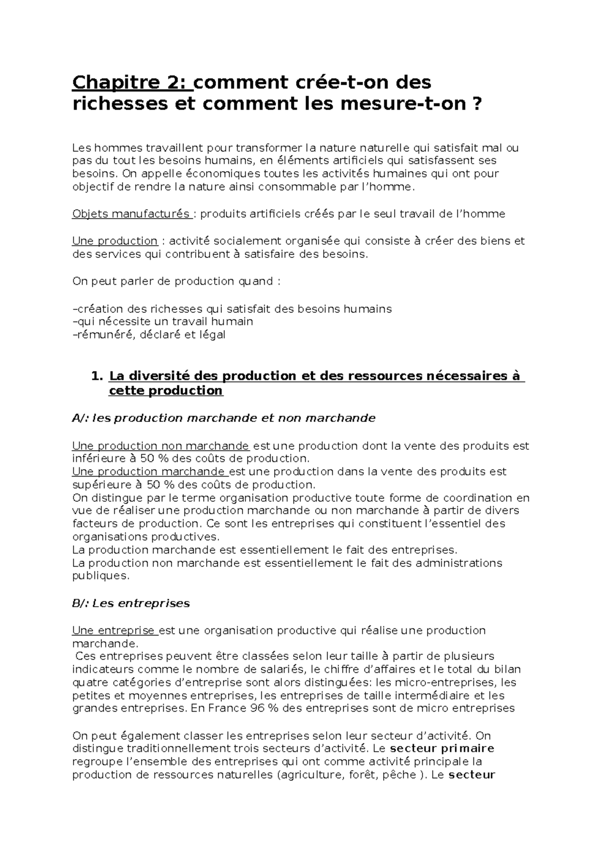 SES chapitre 2 - comment crée-t-on des richesses et comment les mesure-t-on ? - Chapitre 2 ...