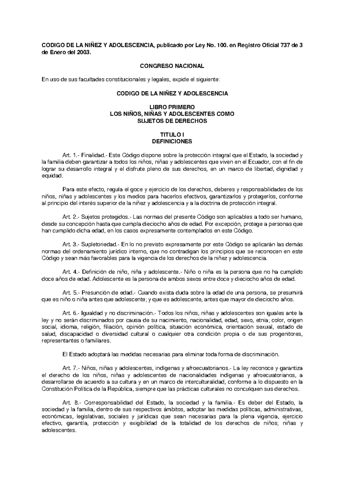 Codigo de la niñez y adolescencia - CODIGO DE LA NIÑEZ Y ADOLESCENCIA, publicado por Ley No. 100 ...
