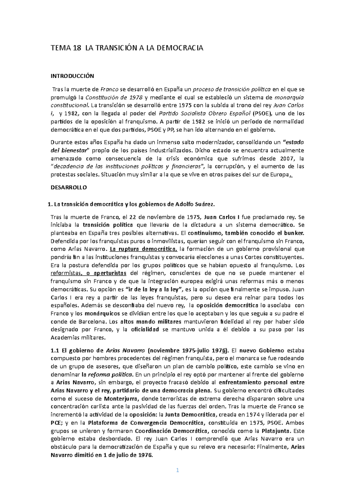 Resumen de La transición a la democracia en España - TEMA 18 LA ...