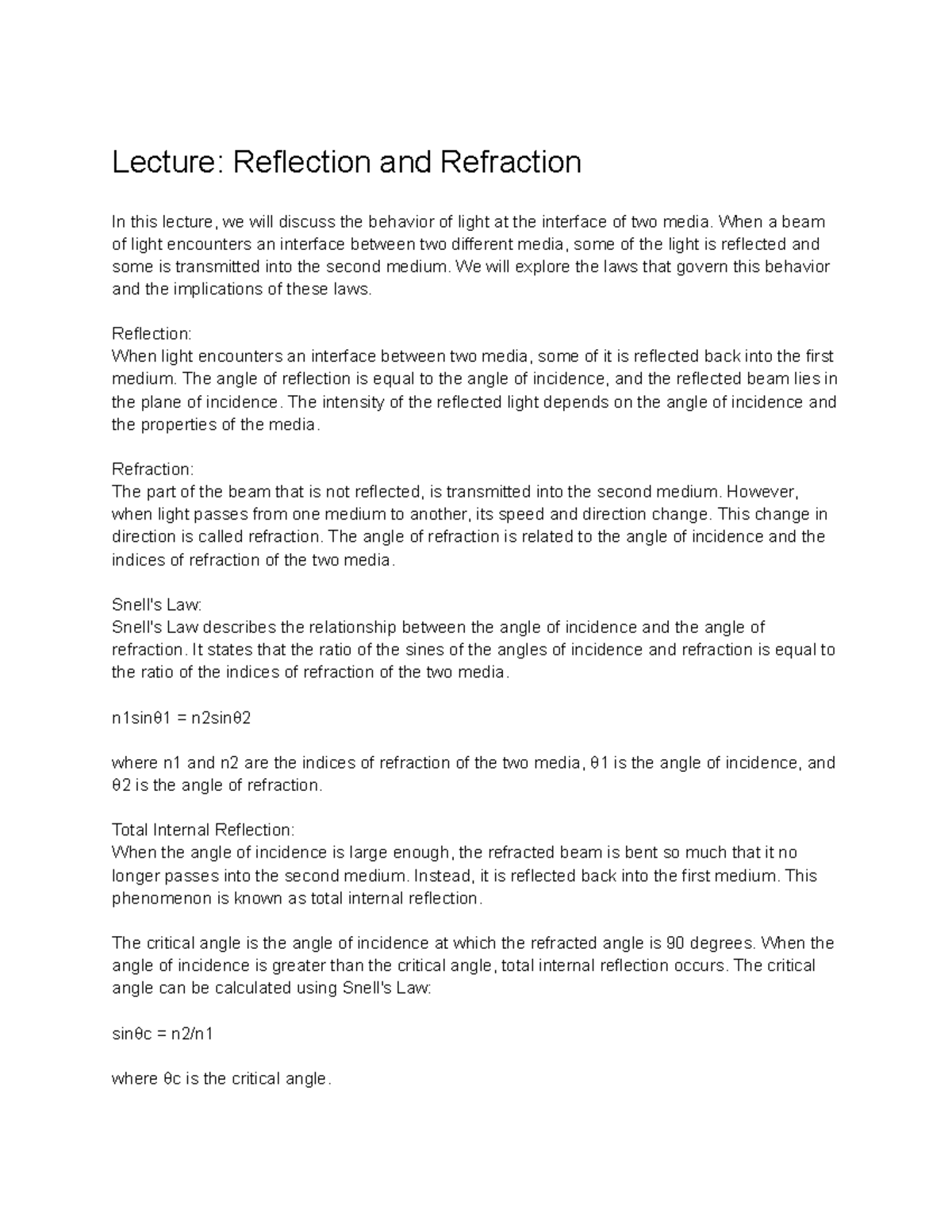 General Physics Iii Phy 2040 Lecture 40 Reflection And Refraction Lecture Reflection And