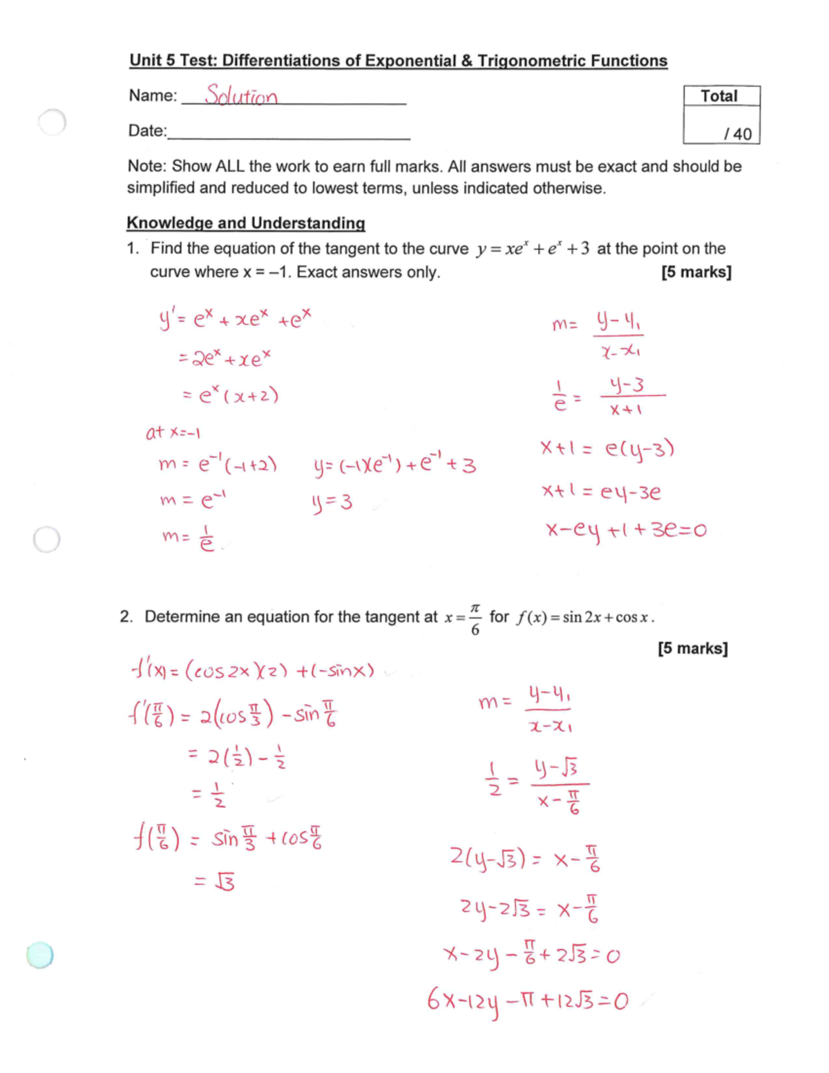 Unit 5 Test Solution - Notes to help with calculus 1 - MA103 - Studocu