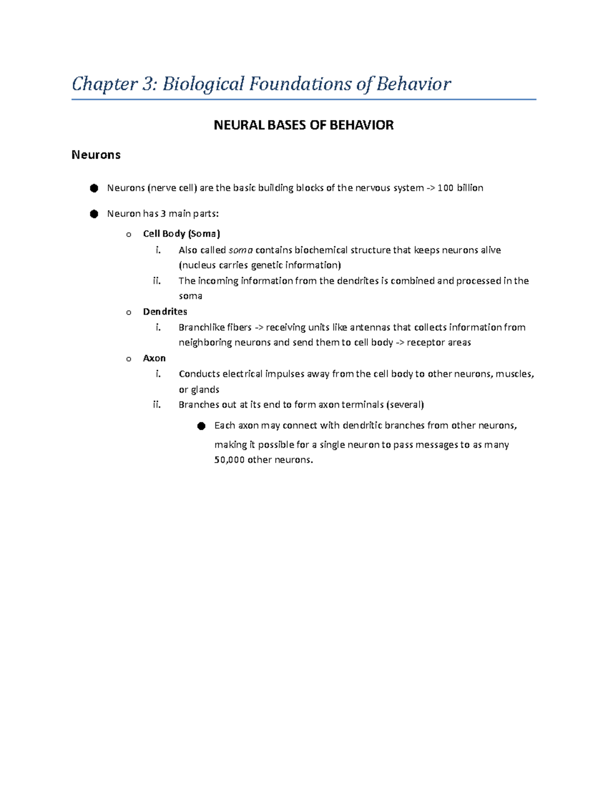 Chapter 3 - Biological Foundations of Behavior - PSYCH1000 - UWO - Studocu