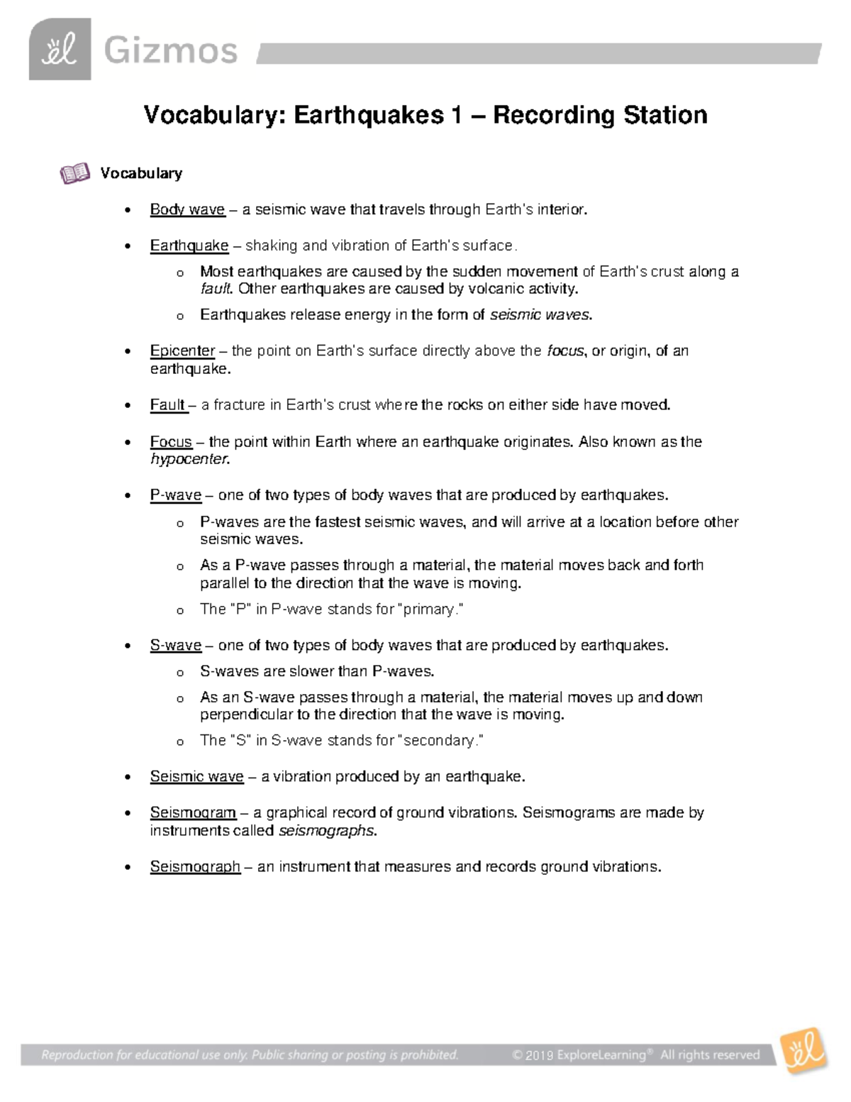 Earthquakes 1Recording Vocab - 2019 Vocabulary: Earthquakes 1 ...