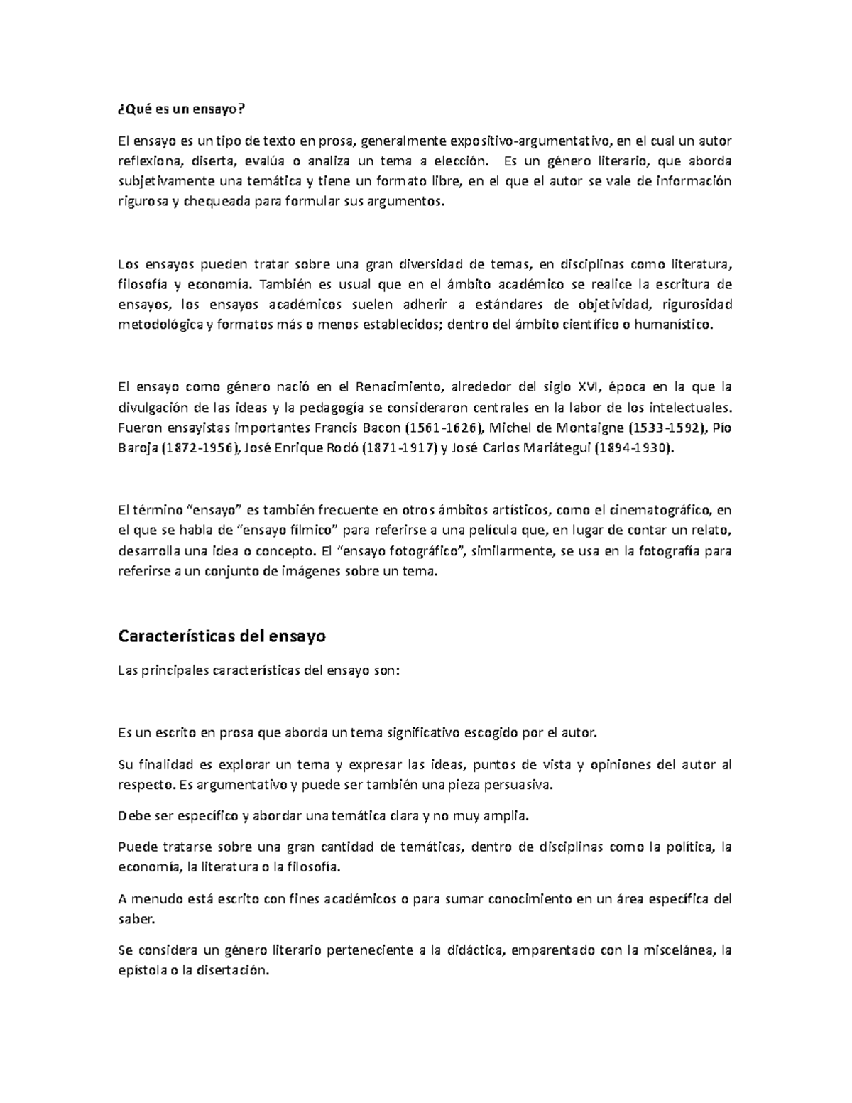 Qué es un ensayo - ¿Qué es un ensayo? El ensayo es un tipo de texto en prosa, generalmente - Studocu