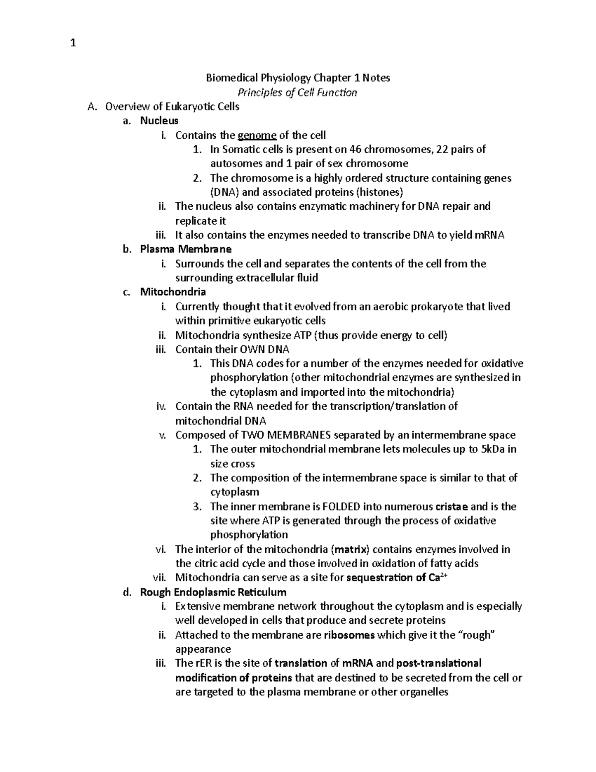 Ch.1 Notes - Biomedical Physiology Chapter 1 Notes Principles of Cell ...