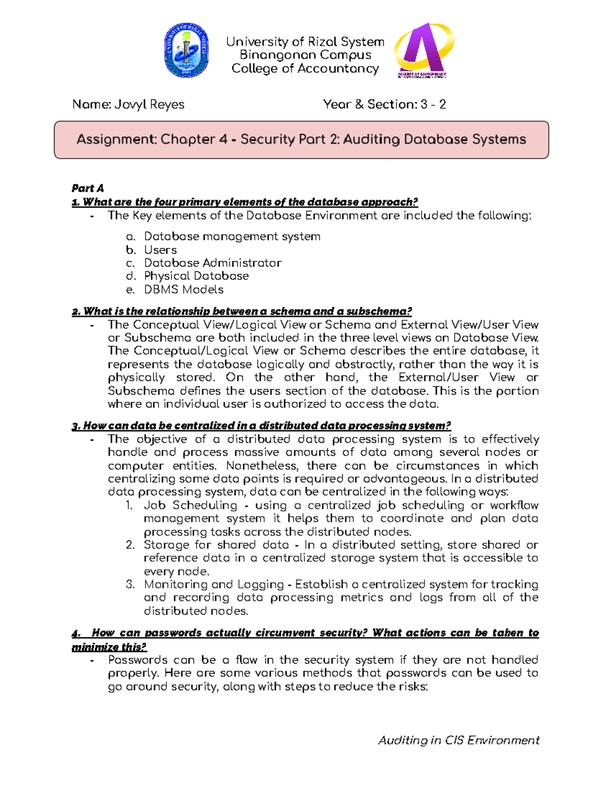 Reyes Assignment Chapter 4 - University of Rizal System Binangonan Campus College of Accountancy ...