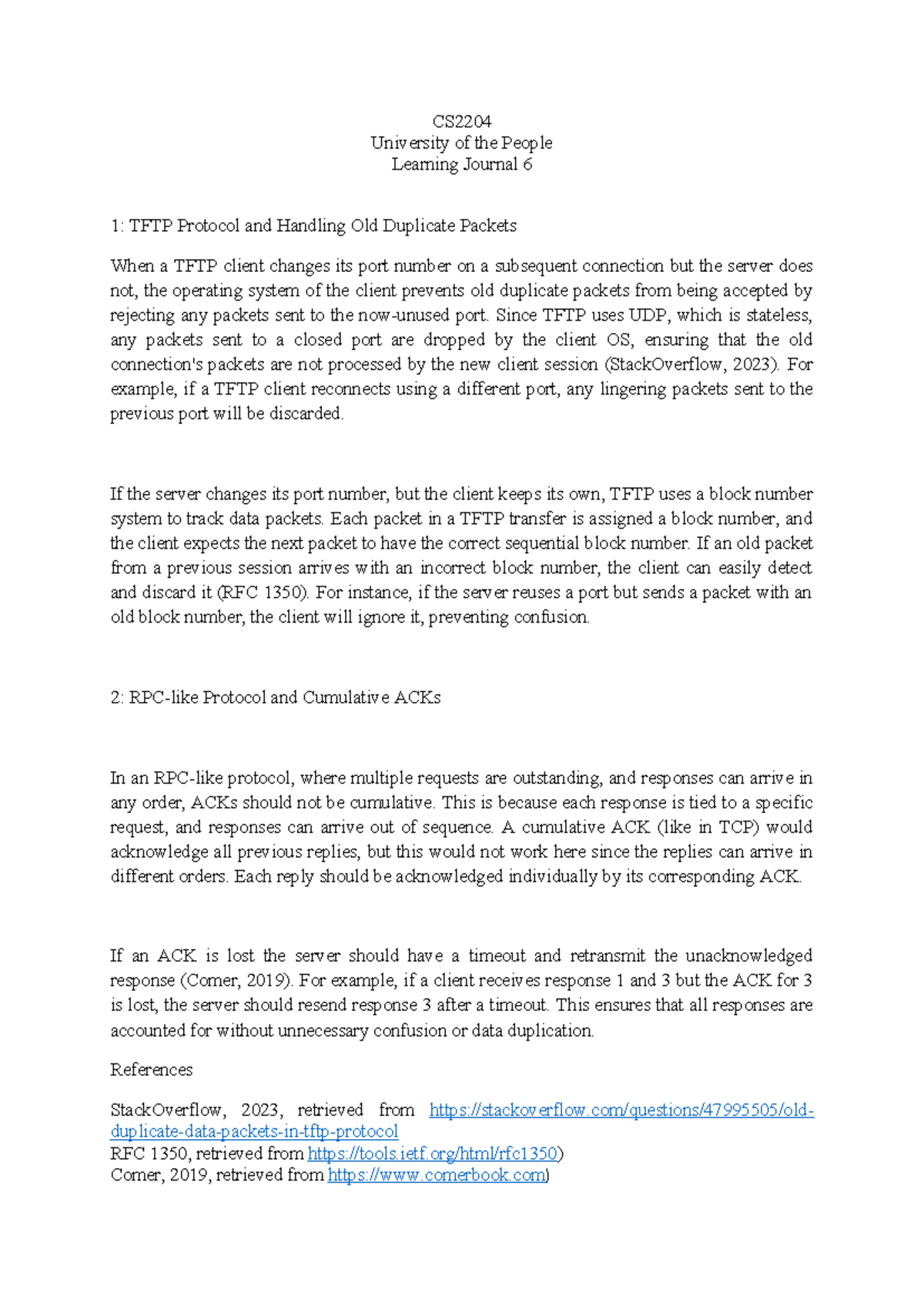 CS2204-Learning J 6 - CS2204 LJ unit 6 - CS University of the People Learning Journal 6 1: TFTP ...