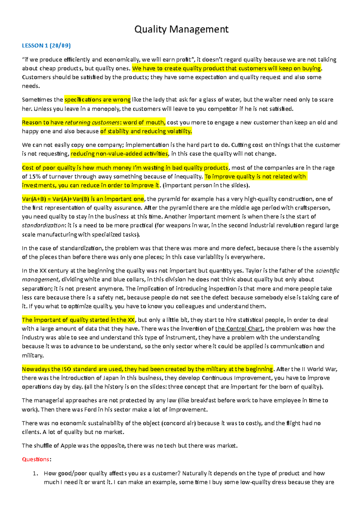 Notes of Quality Management - Quality Management LESSON 1 (20/09) “if ...