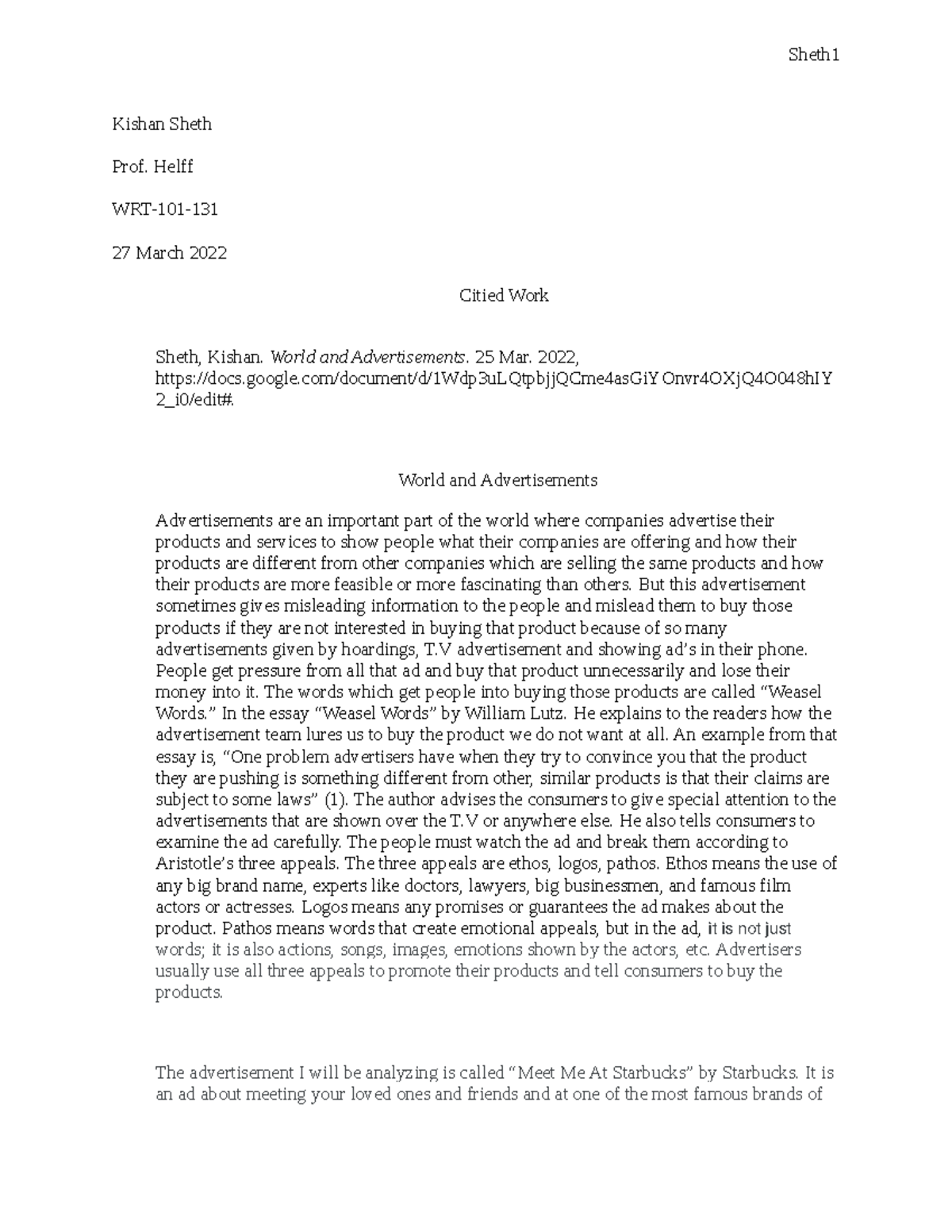Essay 2 Final Draft - Assignments - Sheth Kishan Sheth Prof. Helff WRT ...