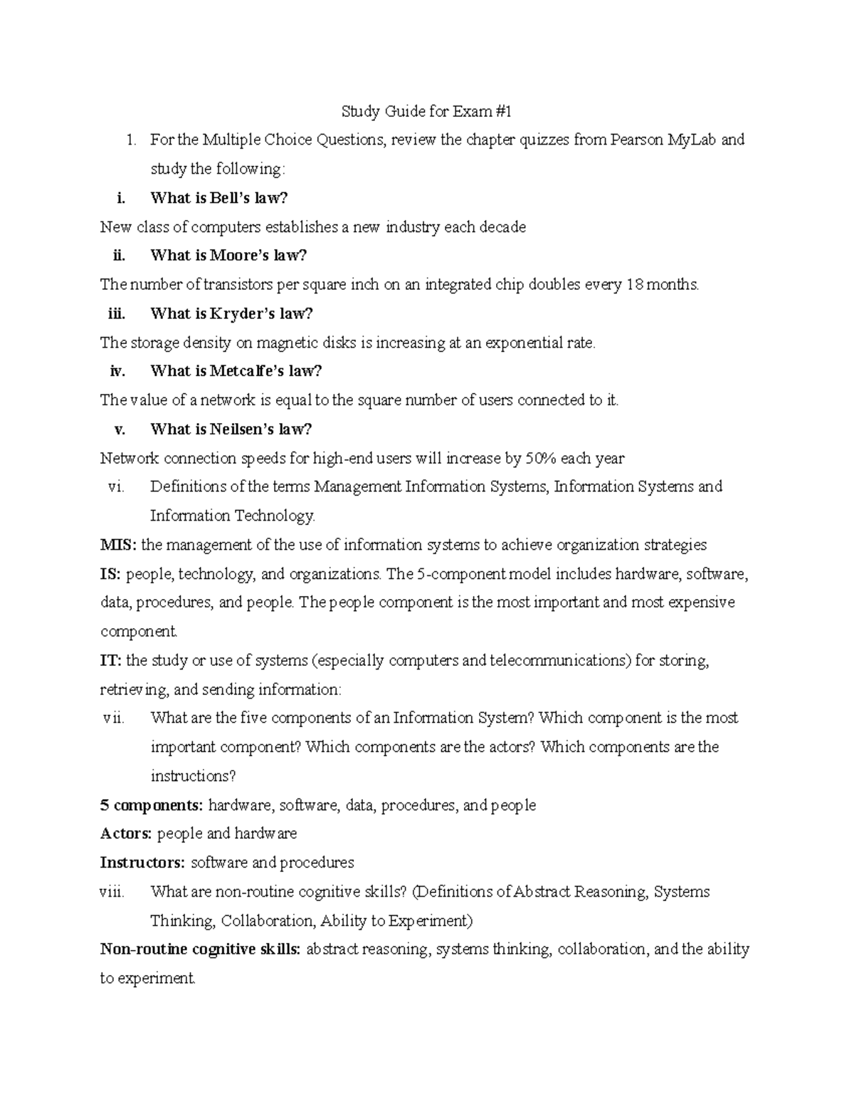 MIS Exam #1 Study Guide - Study Guide for Exam # For the Multiple ...