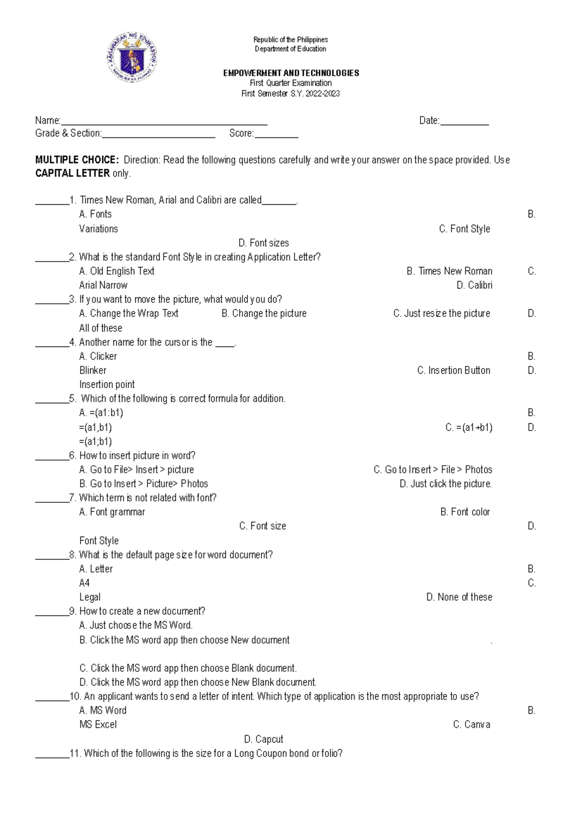 1st exam emptecth - Republic of the Philippines Department of Education ...