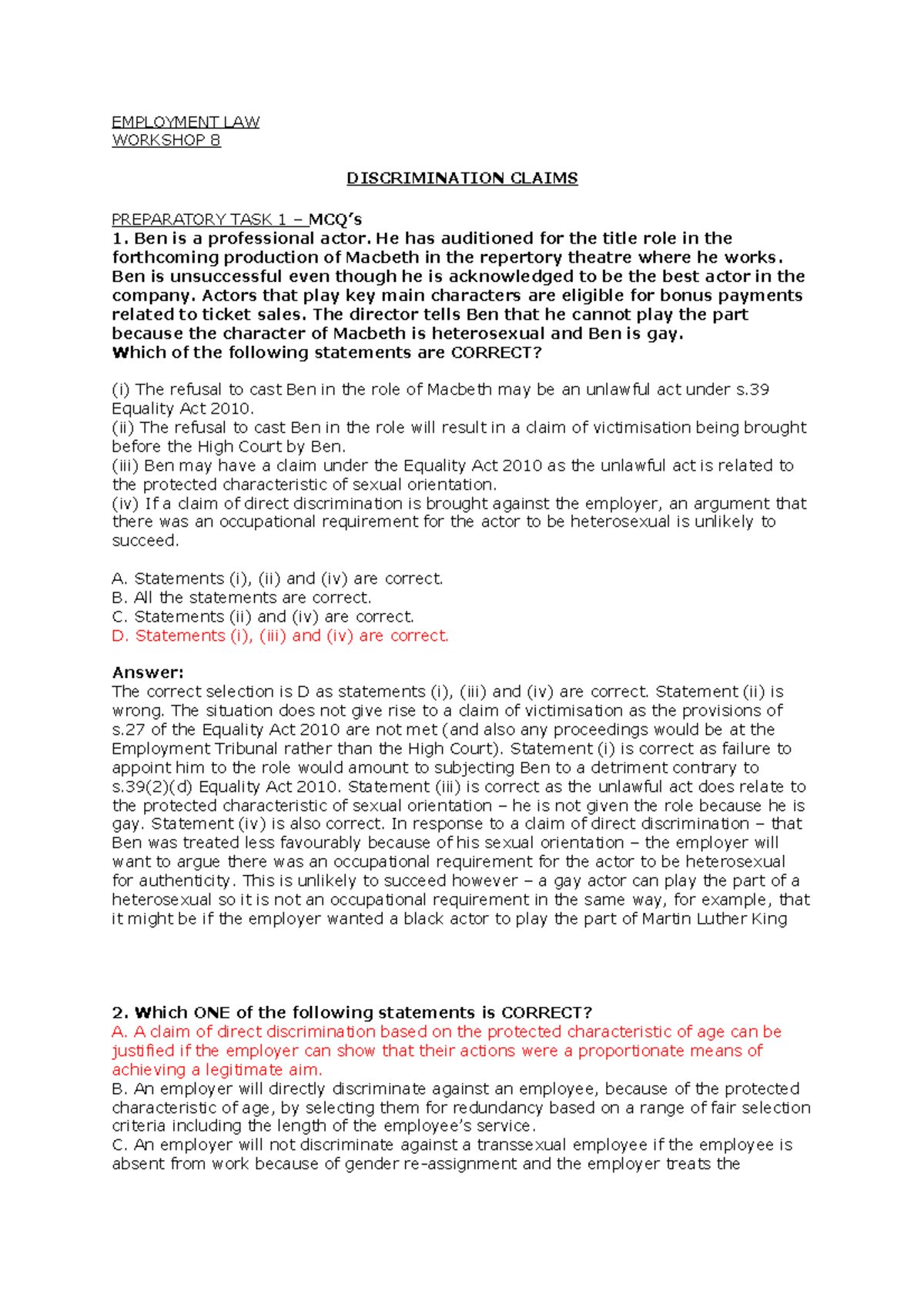 Ws8 tasks discrimination - EMPLOYMENT LAW WORKSHOP 8 DISCRIMINATION ...