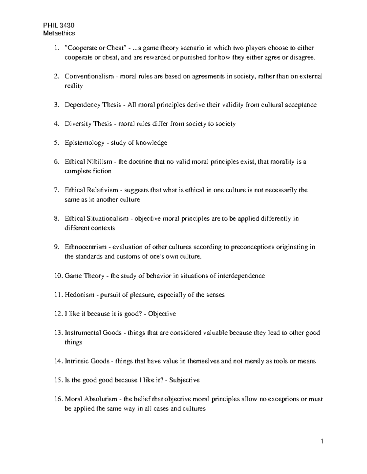 PHIL Metaethics Terms - PHIL 3430 Metaethics 1 "Cooperate or Cheat ...