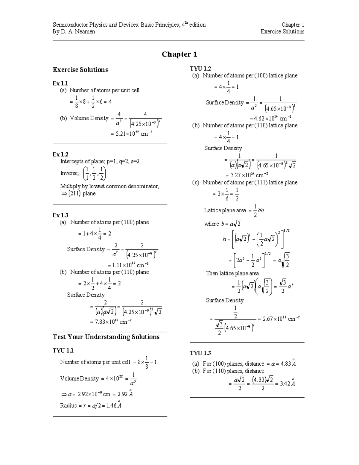 Solution - Semiconductor Physics and Devices: Basic Principles, 4 th edition Chapter 1 By D. A ...
