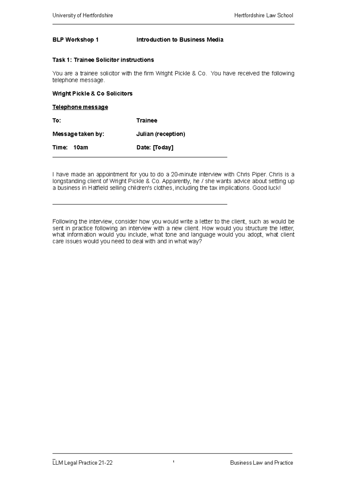 BLP Workshop 1 Tasks - University of - Studocu