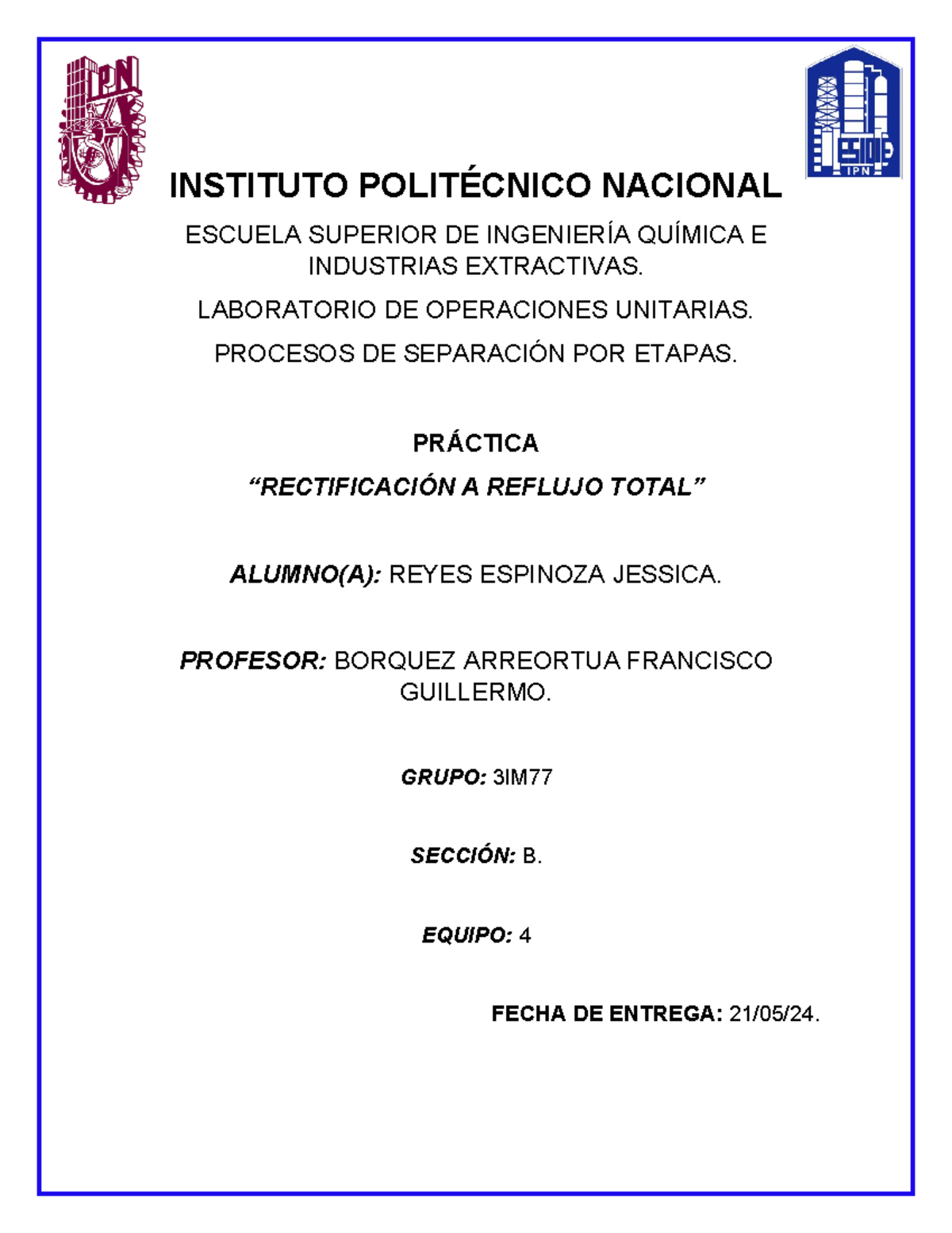 Rectificación A Reflujo Total - INSTITUTO POLITÉCNICO NACIONAL ESCUELA ...