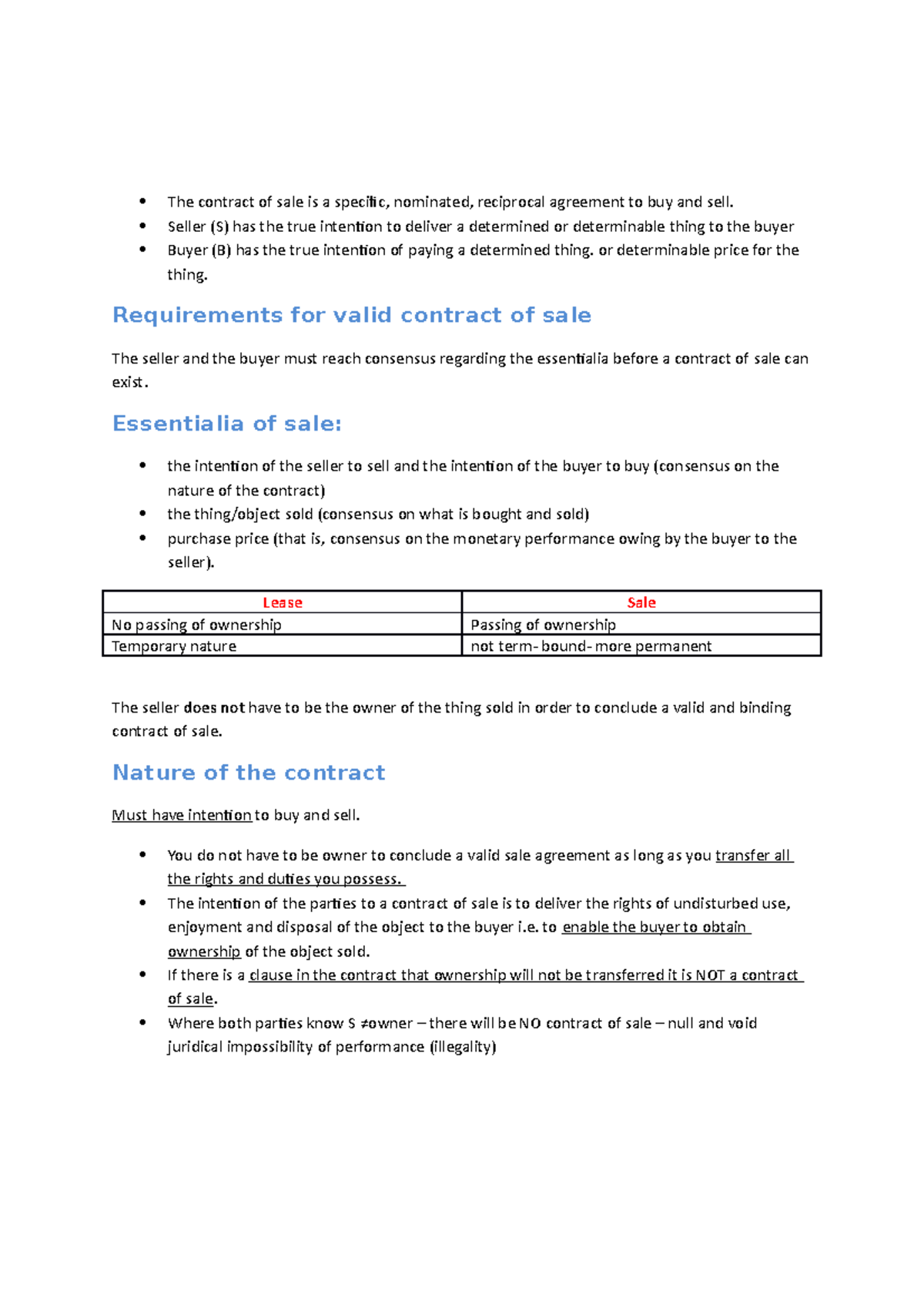 KRG chapter 13-15- S2 notes - The contract of sale is a specific ...