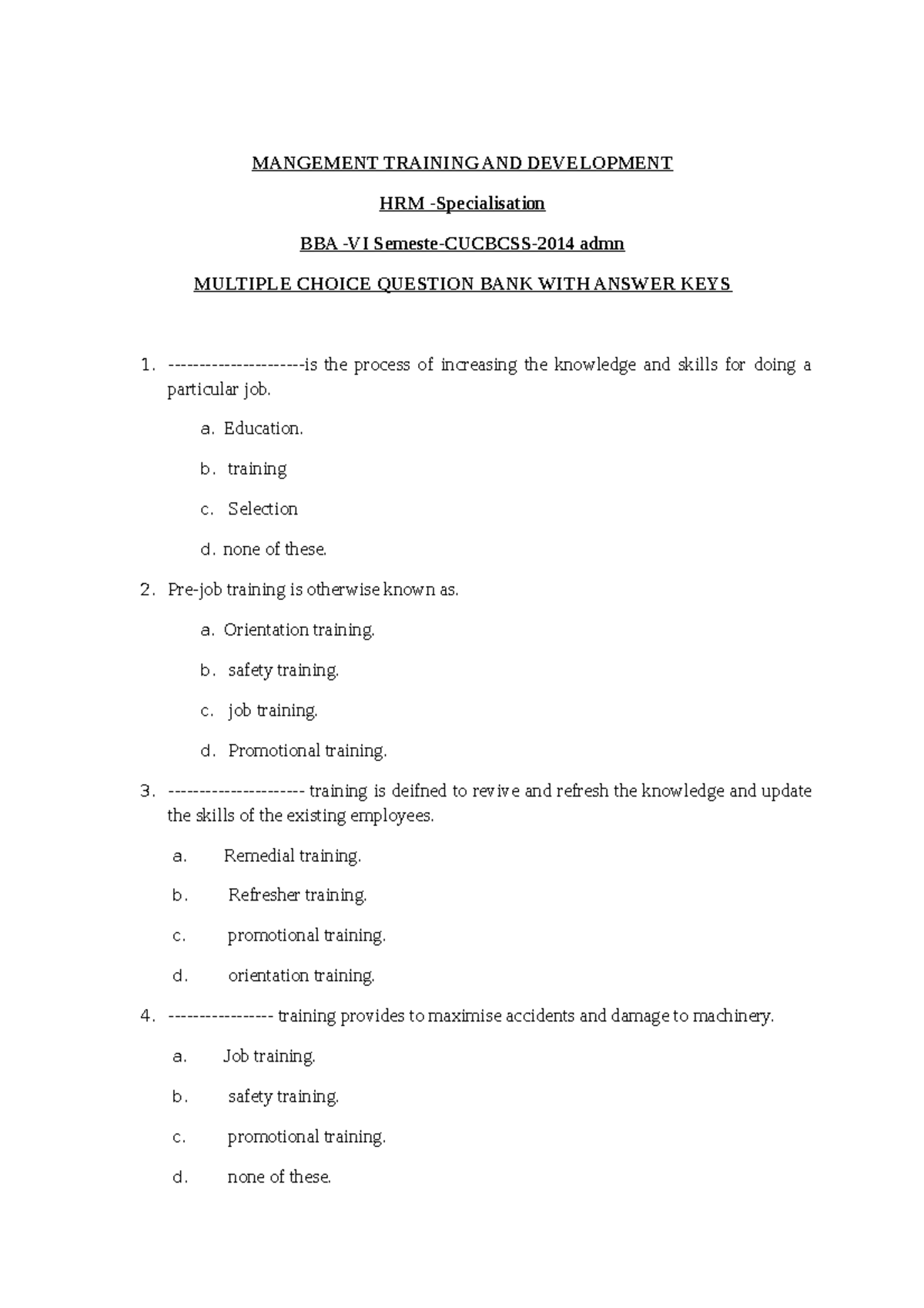 Mangement Training AND Development Question BANK - MANGEMENT TRAINING ...