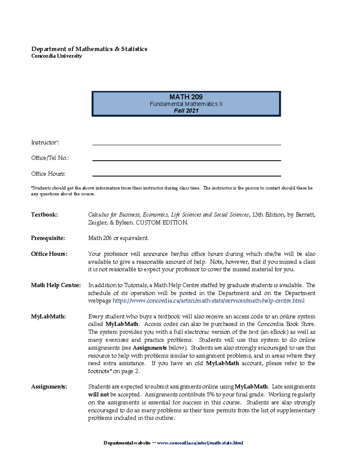MATH 209 outline - Departmental website concordia/artsci/math-stats ...