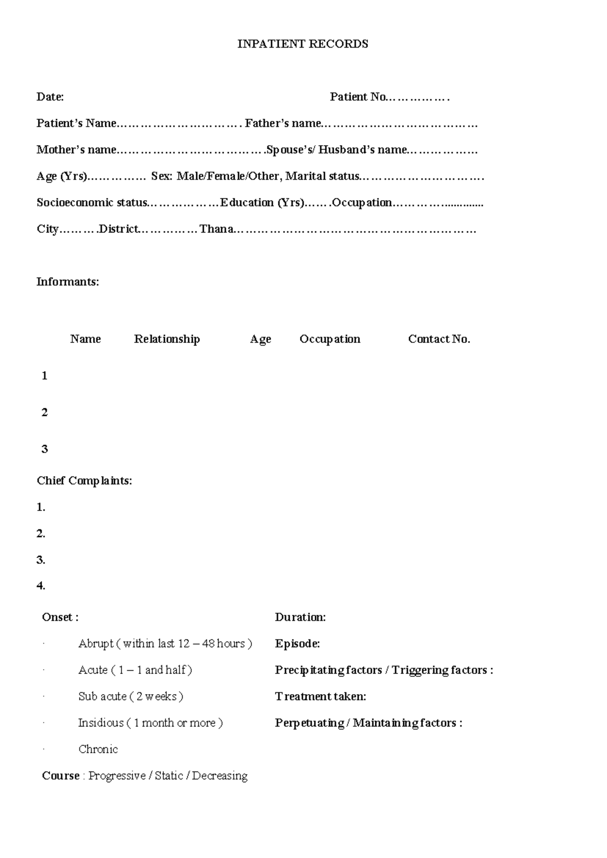 Mseee - SCSCSC - INPATIENT RECORDS Date: Patient No................ Patient’s - Studocu