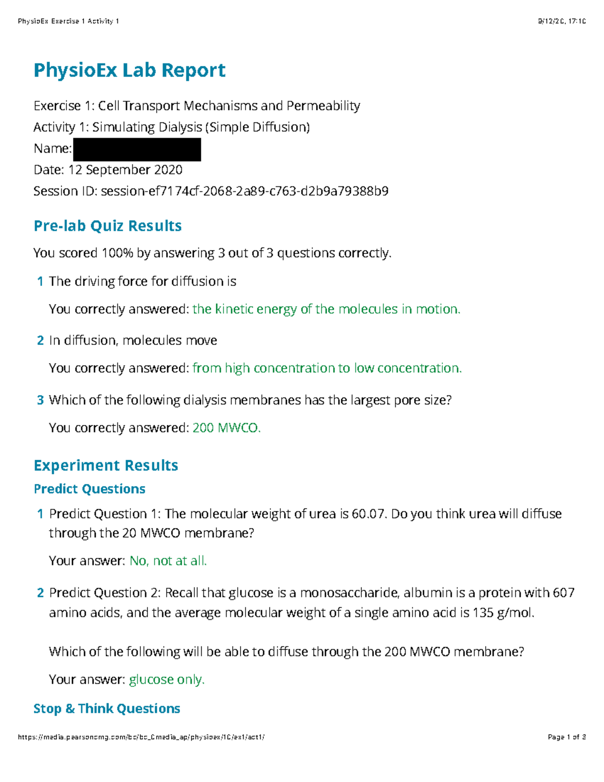Simple Diffusion simulation lab - PhysioEx Exercise 1 Activity 1 9/12 ...