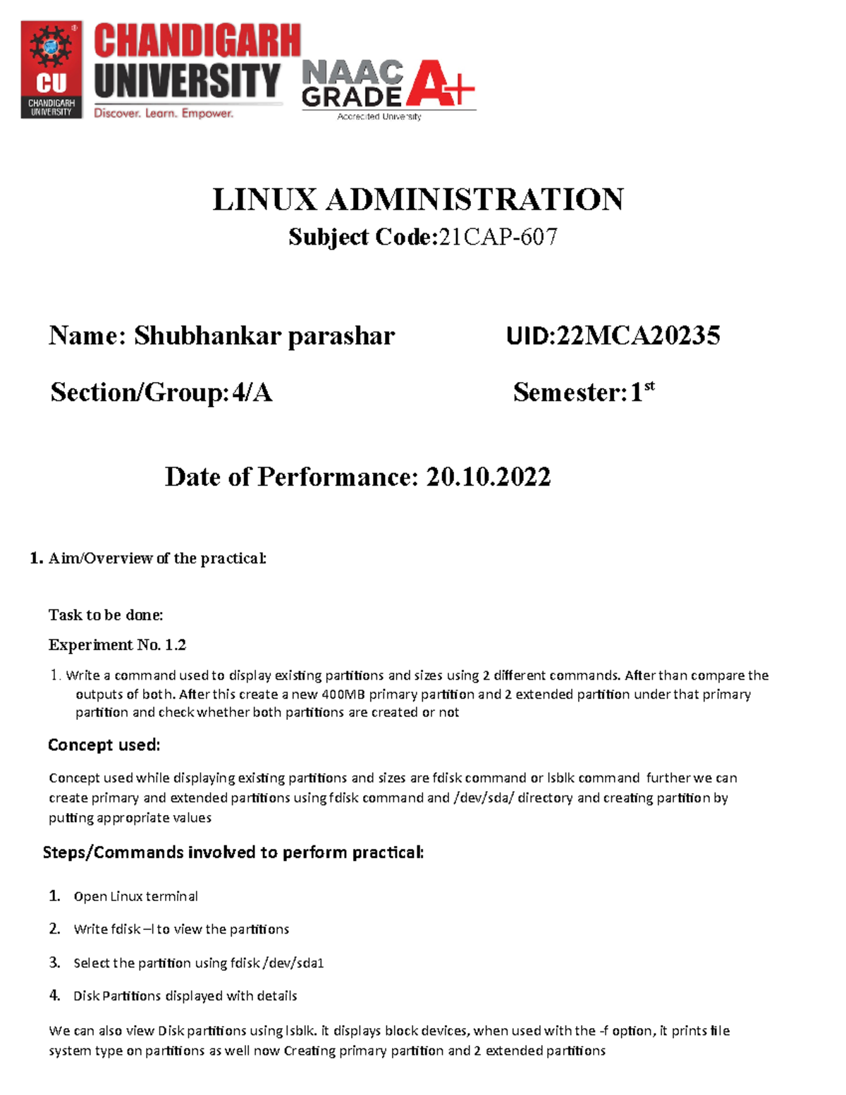 22MCA20235 Linux 1 - ASsingment - LINUX ADMINISTRATION Subject Code:21CAP- Name: Shubhankar ...