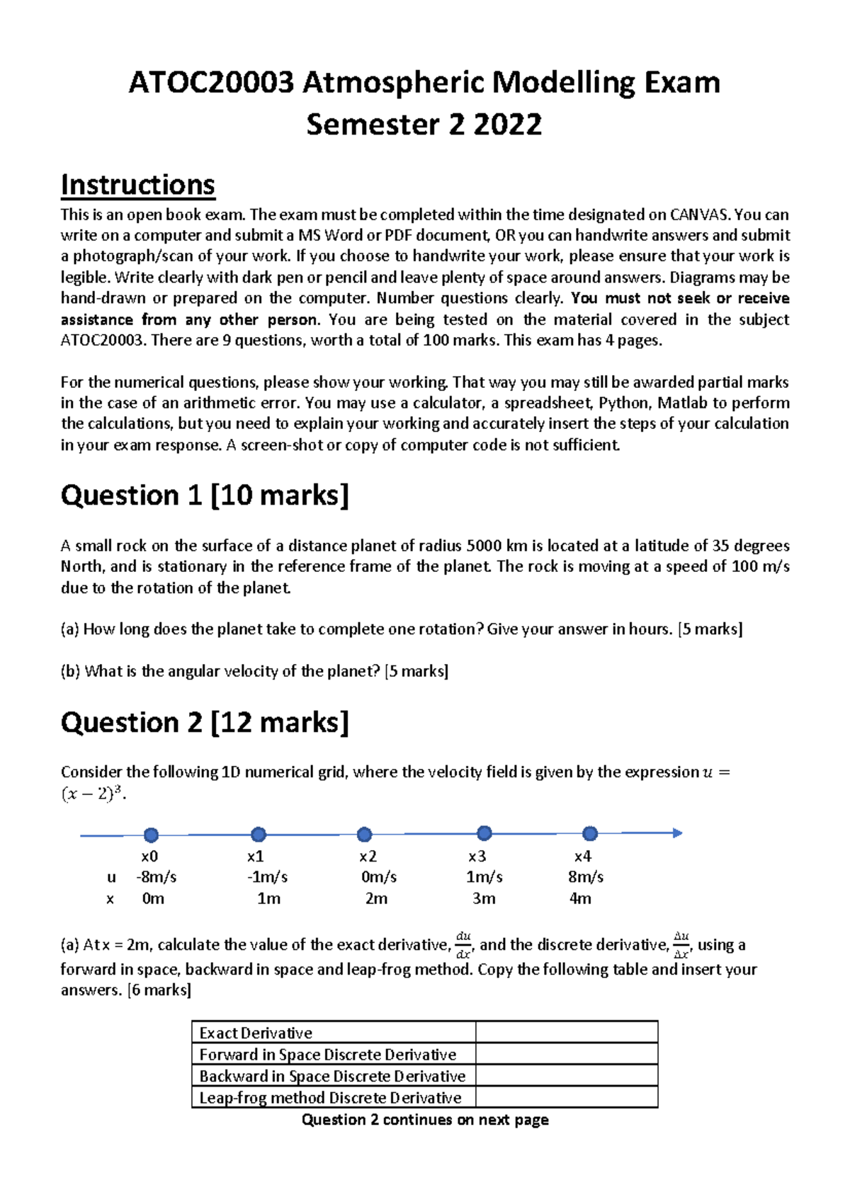 ATOC20003 Exam 2022 - ATOC20003 Atmospheric Modelling Exam Semester 2 ...