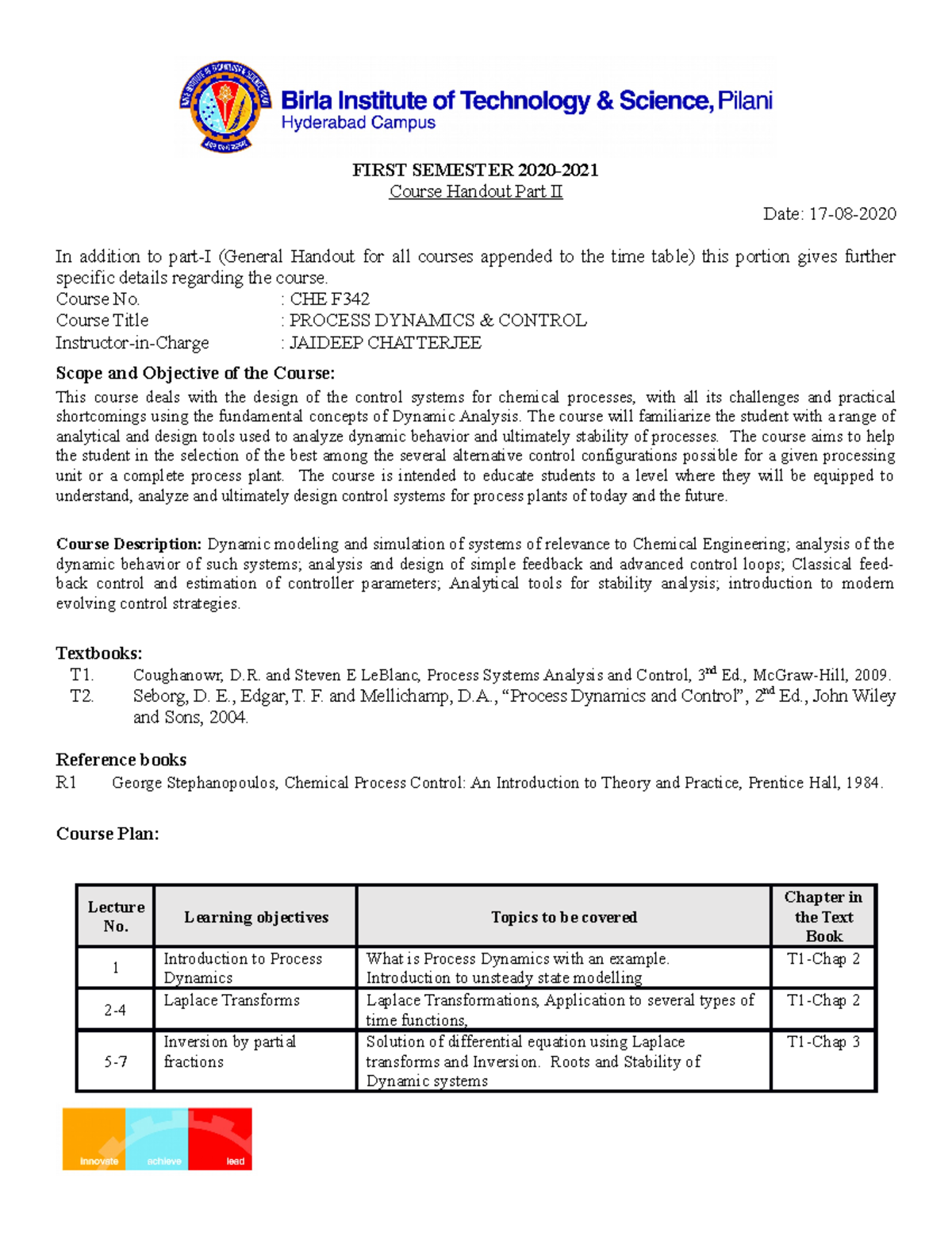 CHE F342 - Course Handout - FIRST SEMESTER 2020- Course Handout Part II Date: 17-08- In addition ...