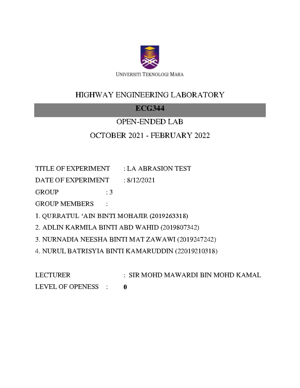 LAB 6 LA Abrasion TEST ( Group 3) - HIGHWAY ENGINEERING LABORATORY ECG ...