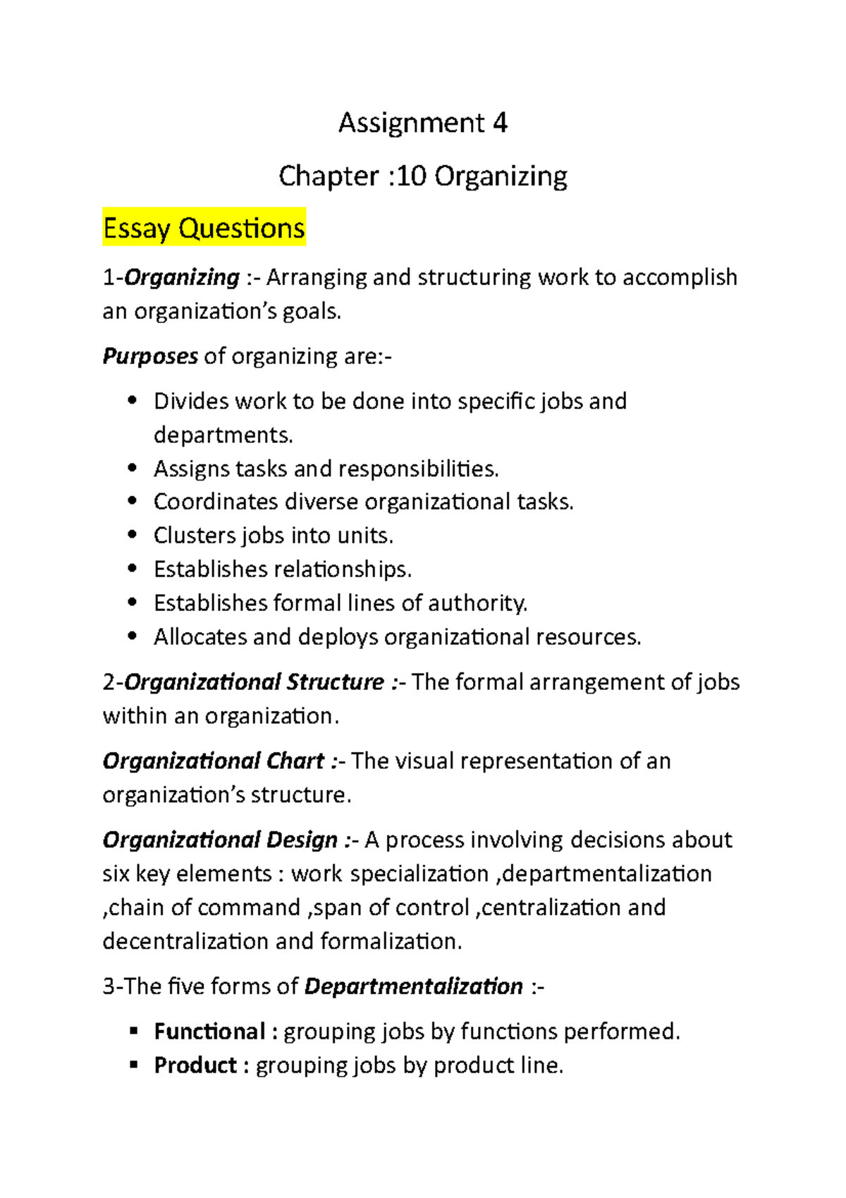 Ass 4 mang. - ssjojd sopjdojoic - Assignment 4 Chapter :10 Organizing ...