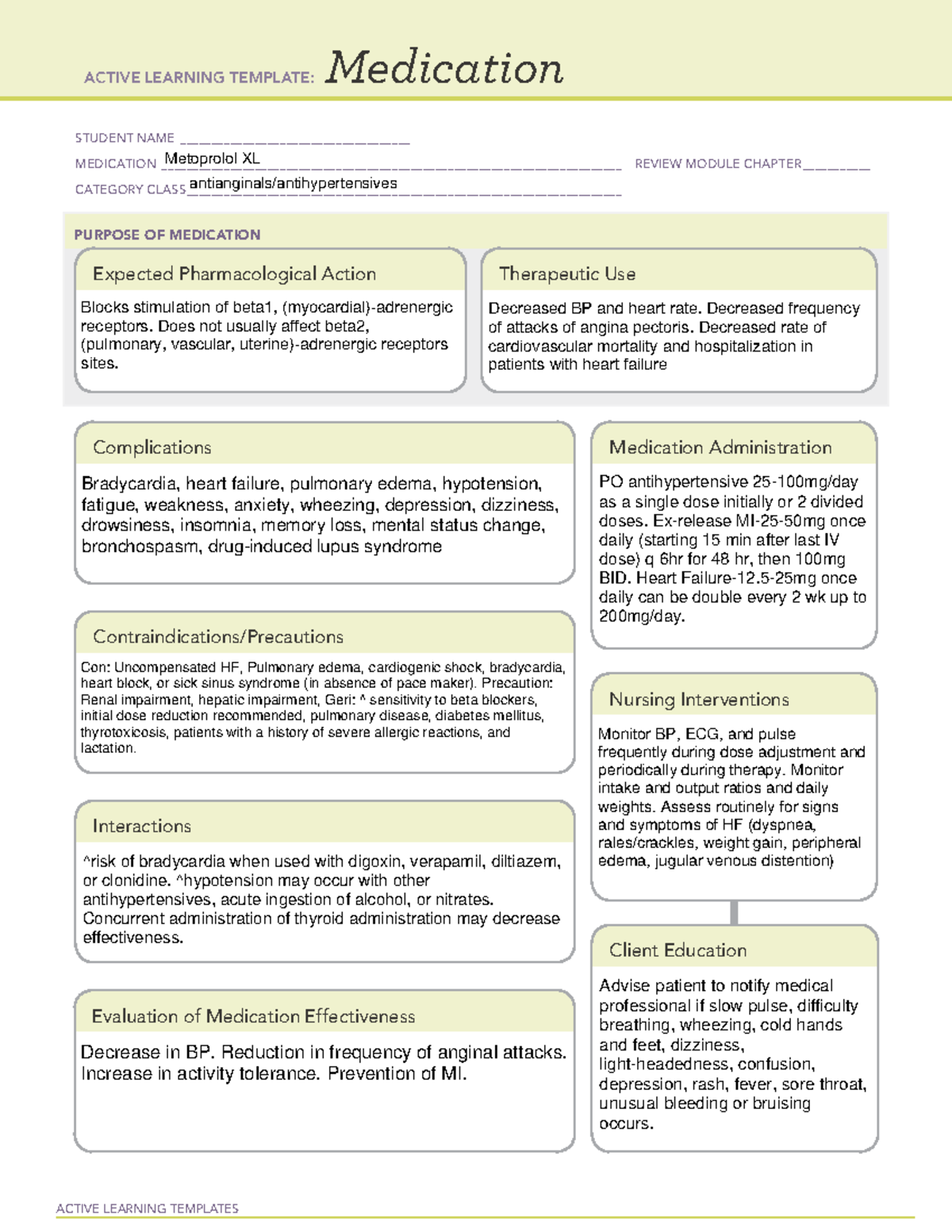 Metoprolol XL Antihypertensive Antianginals - ACTIVE LEARNING TEMPLATES ...