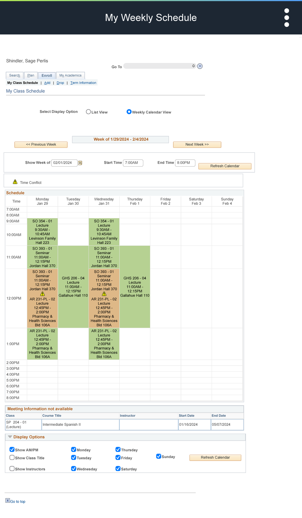 Student Center - My Weekly Schedule Search Plan Enroll My Academics Go ...