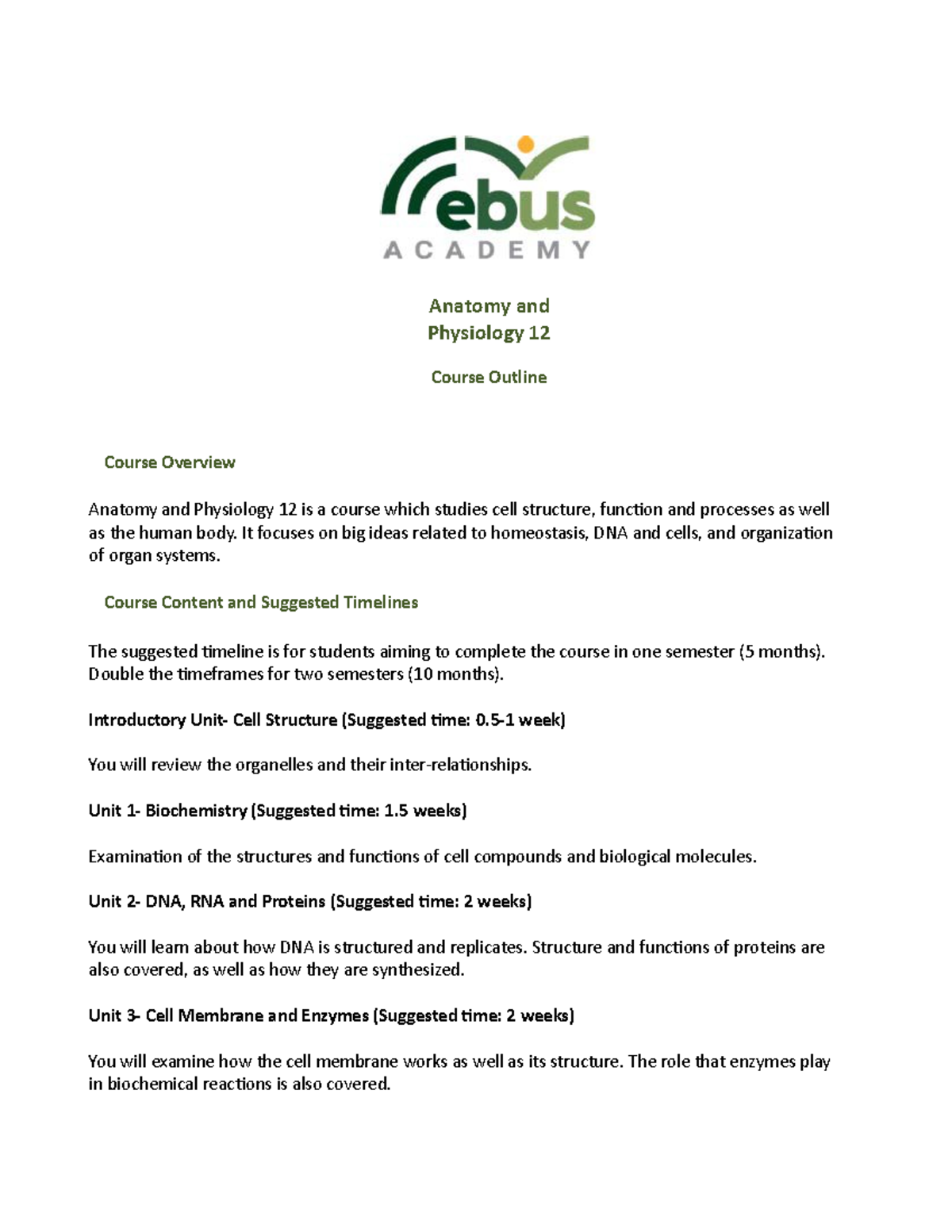 Anatomy and Physiology 12 Course Outline (1) - Anatomy and Physiology ...