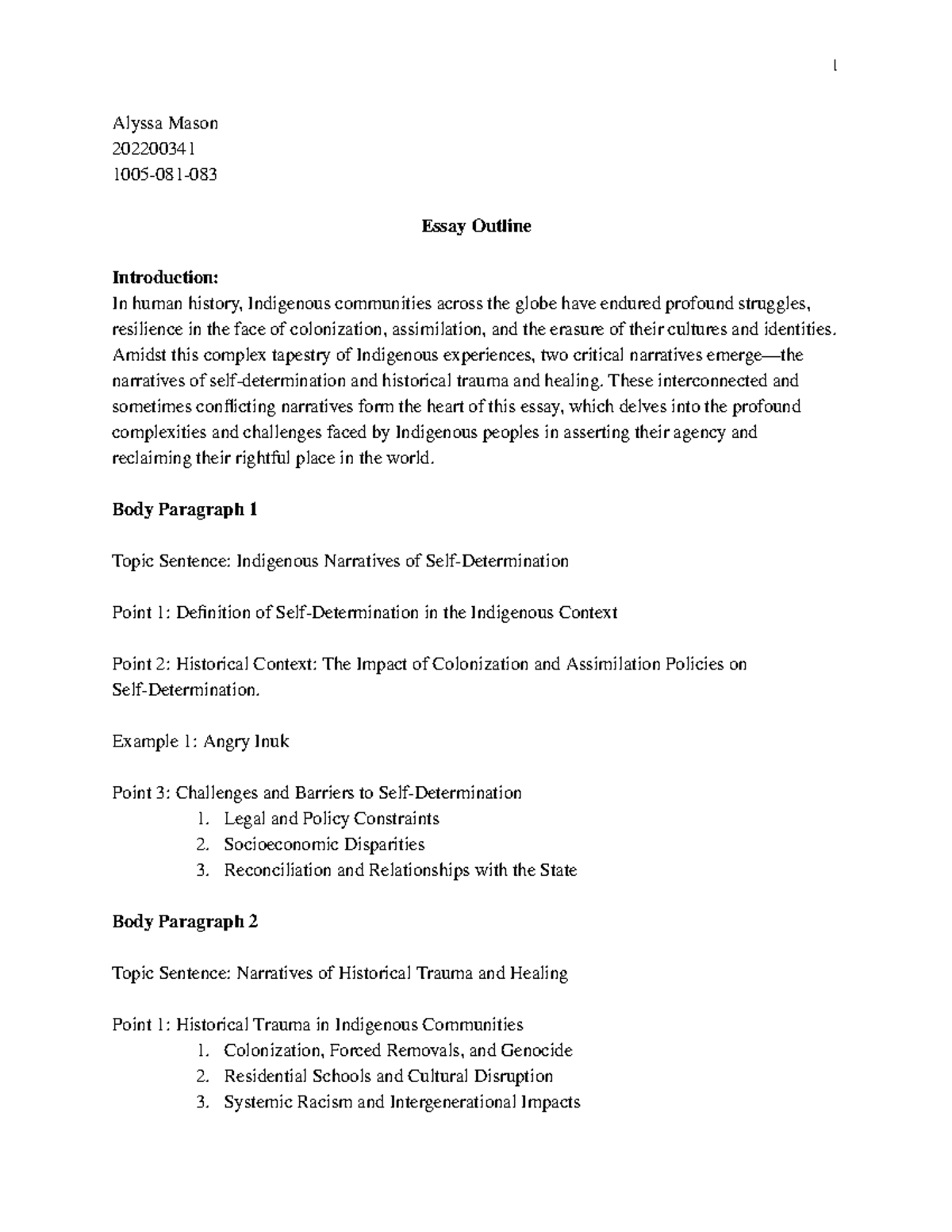 Essay Outline - Alyssa Mason 202200341 1005-081- Essay Outline ...