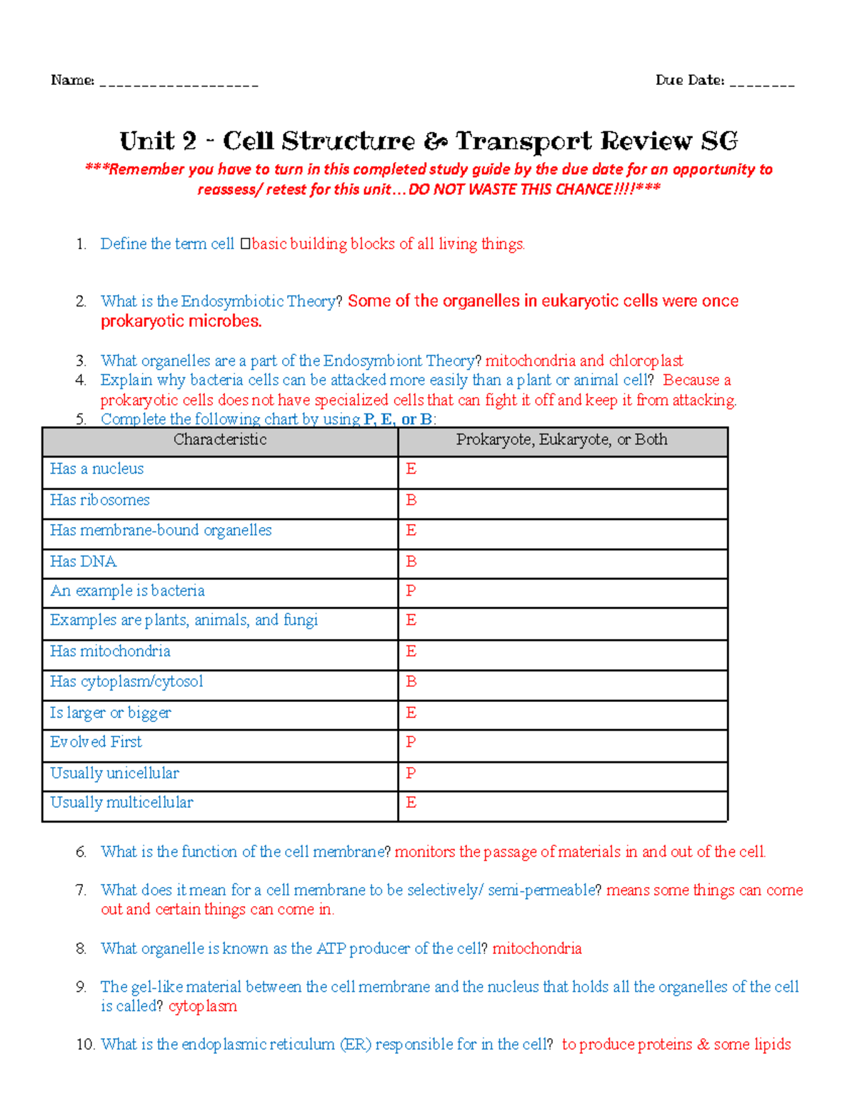 Unit 2 Cell Structure & Transport Study Guide(Answers) - Name ...