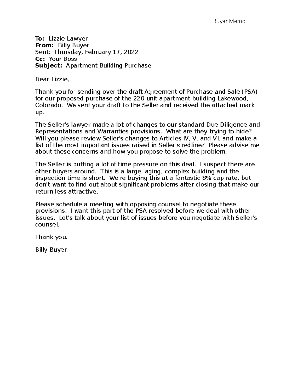 Class #7 Negotiation Memo Buyer Side - Buyer Memo To: Lizzie Lawyer ...