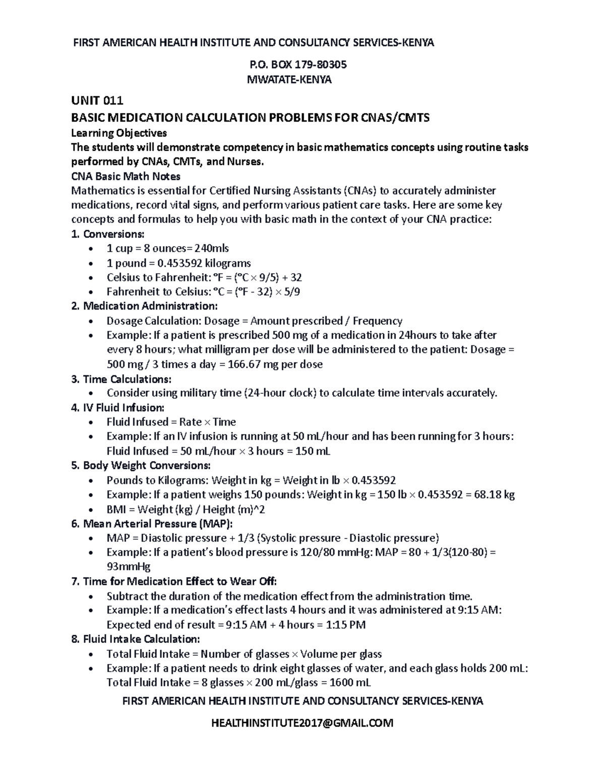 CNA Basic Maths Notes - FIRST AMERICAN HEALTH INSTITUTE AND CONSULTANCY ...