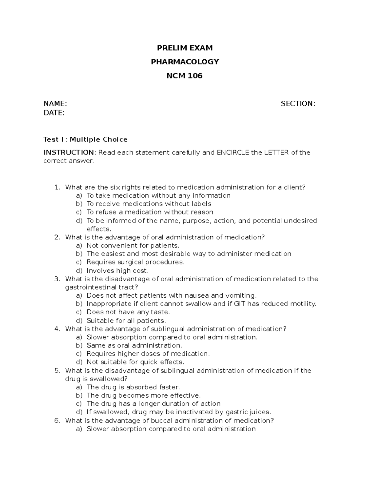 Prelim EXAM Pharmacology - PRELIM EXAM PHARMACOLOGY NCM 106 NAME ...