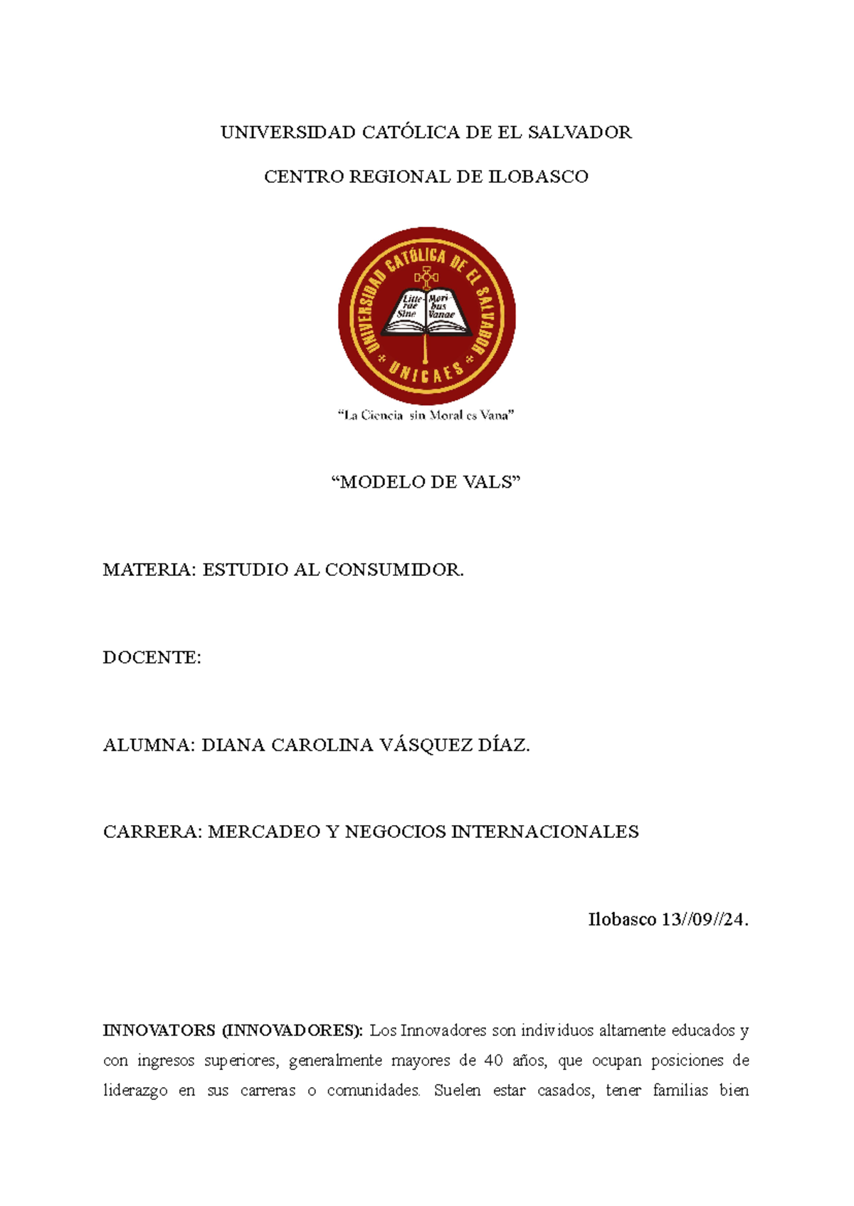 Modelo Vals - UNIVERSIDAD CATÓLICA DE EL SALVADOR CENTRO REGIONAL DE ...