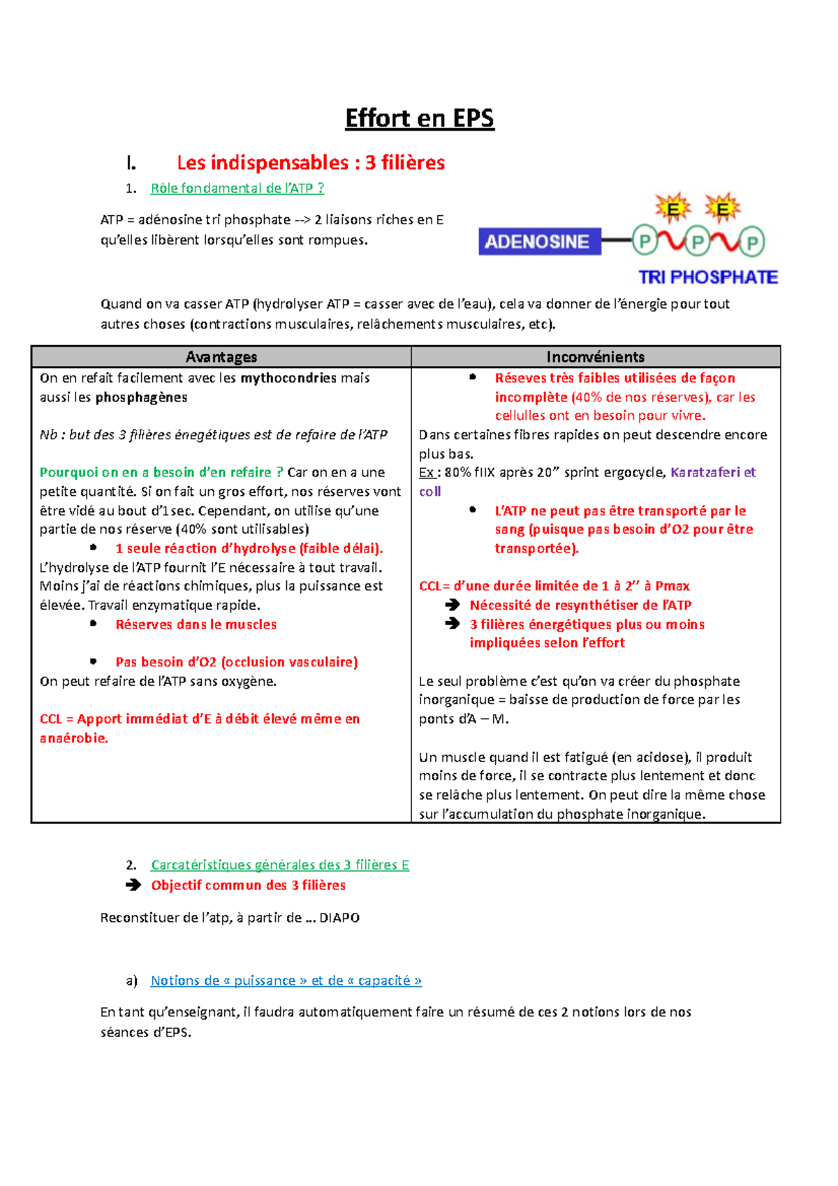 Effort en EPS physiologie - Effort en EPS I. Les indispensables : 3 filières Rôle fondamental de ...