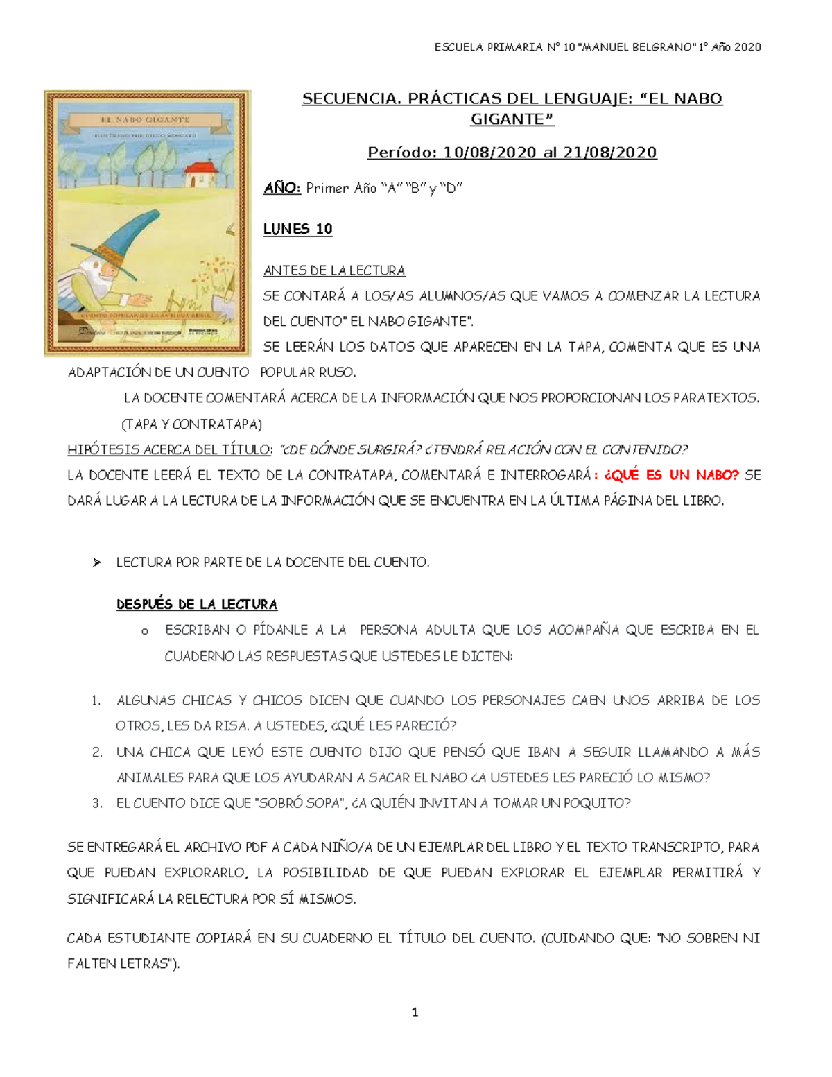 PLG - 1° - El nabo gigante - SECUENCIA. PRÁCTICAS DEL LENGUAJE: “EL ...